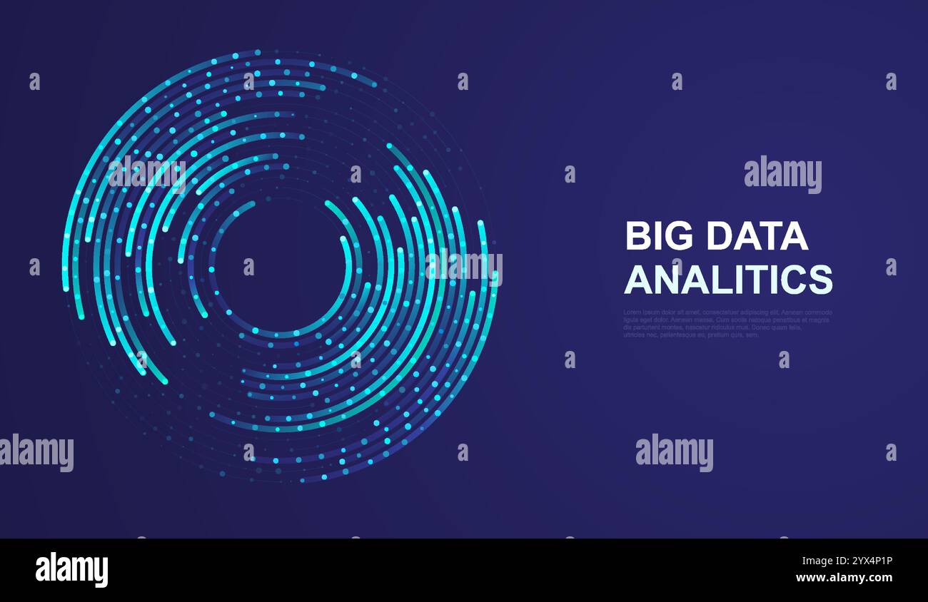 Spiral technology background of circular lines and dot connections. Abstract circle of glowing ...