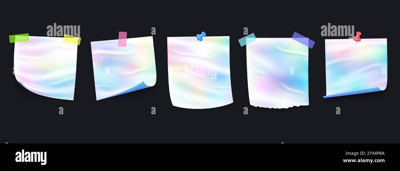 Paper wrinkled notes. Glittering gradient notebook pages with curved ...