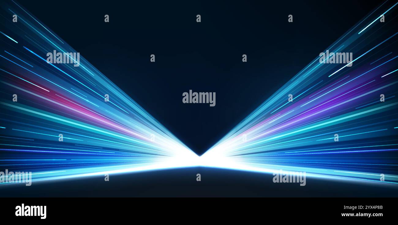 High speed movement of light speed lines of blue color. Glowing ...