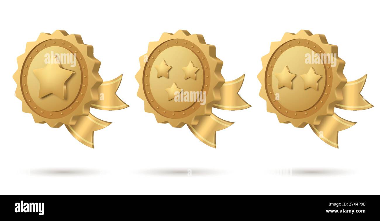 3D gold medal with star and ribbon. Certificate sign, awards 1, 2, 3 ...