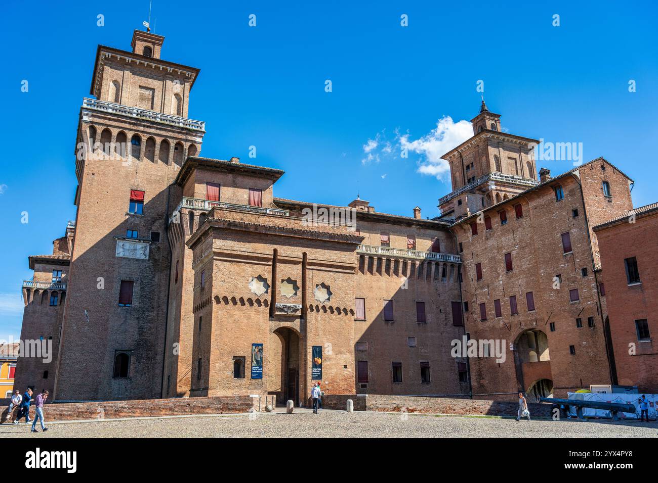 West entrance with drawbridge and Torre San Paolo at Estense Castle in ...