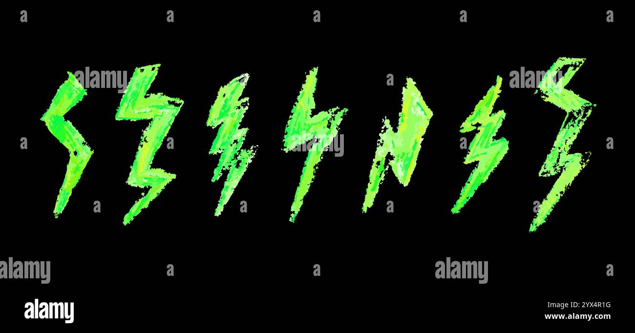 Set of lightning by wax pencil drawing. Collection of handdrawing chalk ...