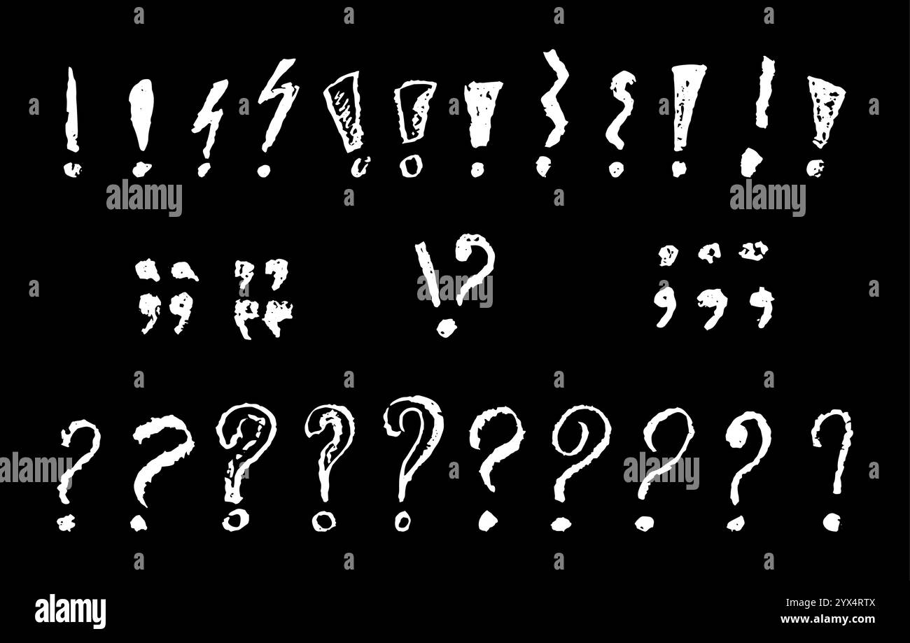 Set of exclamation question and quotation marks symbols. White crayon ...