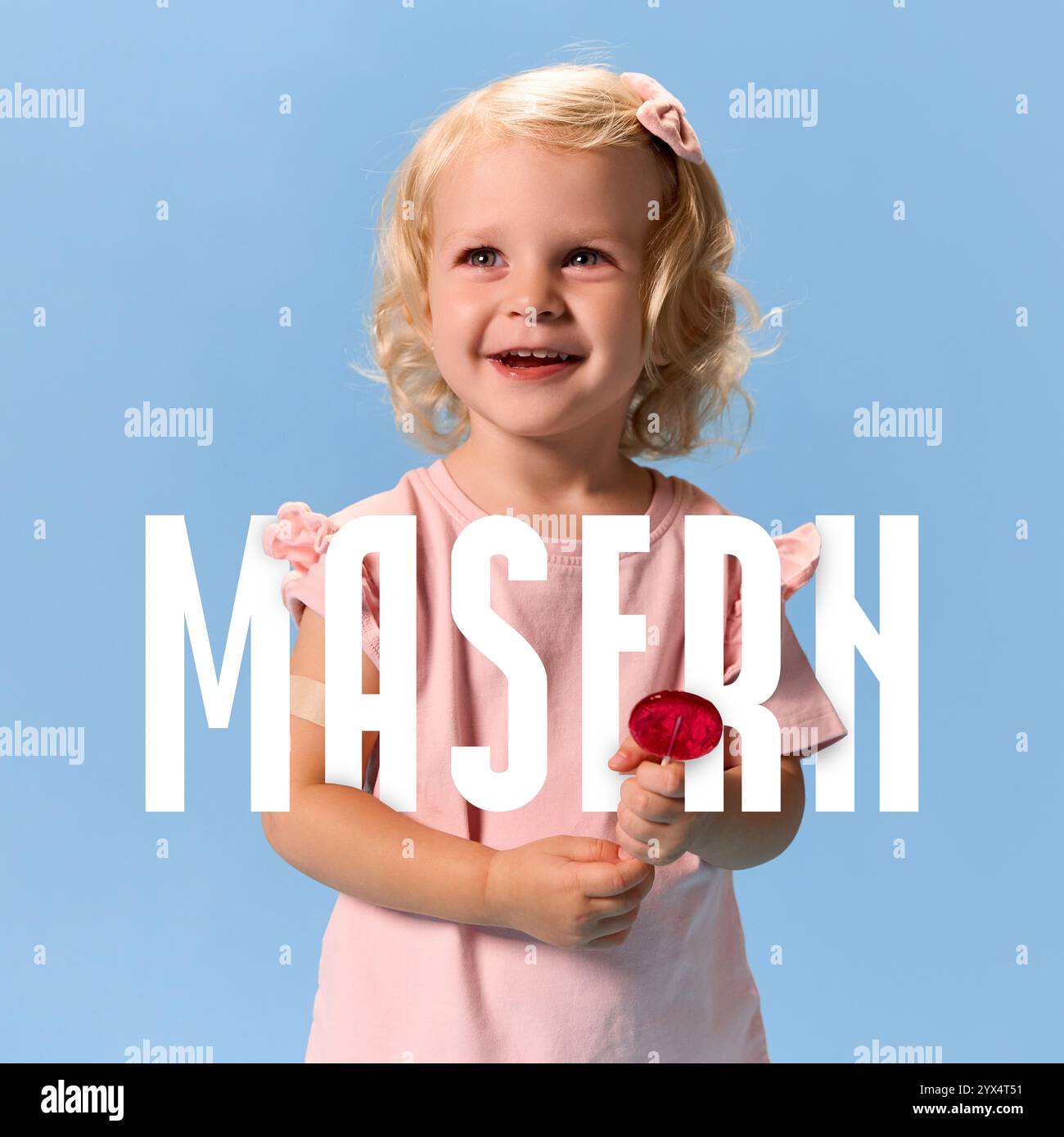 Poster. Contemporary art collage. Smiling girl with text MASERN in ...