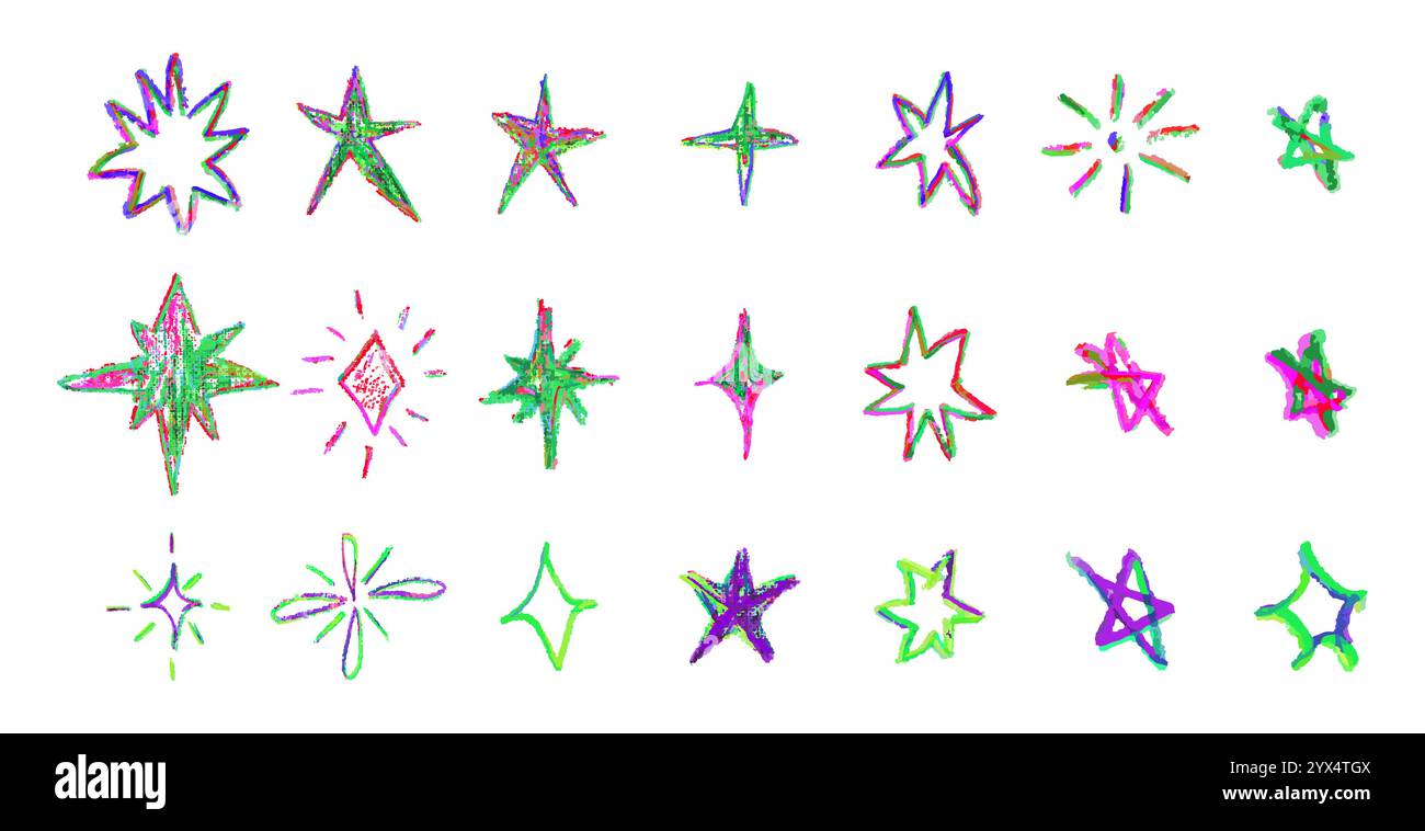 Set of colorful neon chalk drawing stars. Shine or sparkle doodle ...