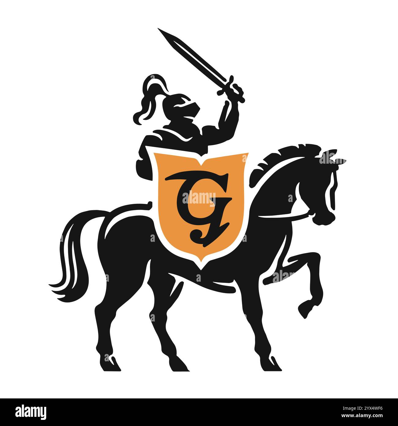 Knight in armor with shield and sword on horseback. Safety, security ...