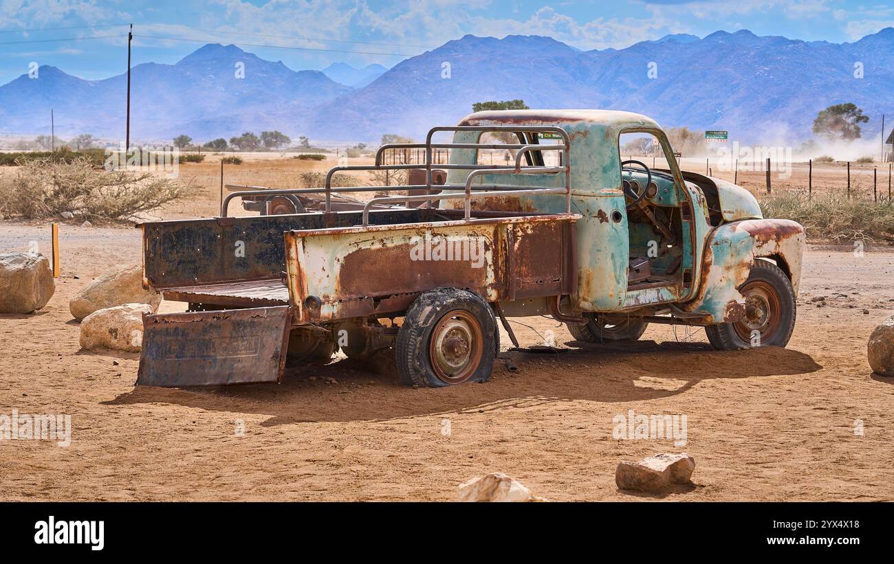 An old rusty and damaged truck in the desert , Car wrecks of Solitare ...