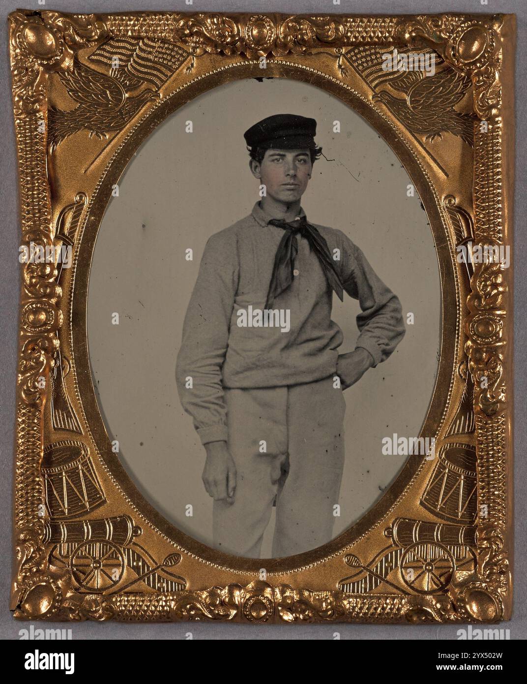 Portrait of a Young man wearing a cap and scarf, standing, about 1860 ...