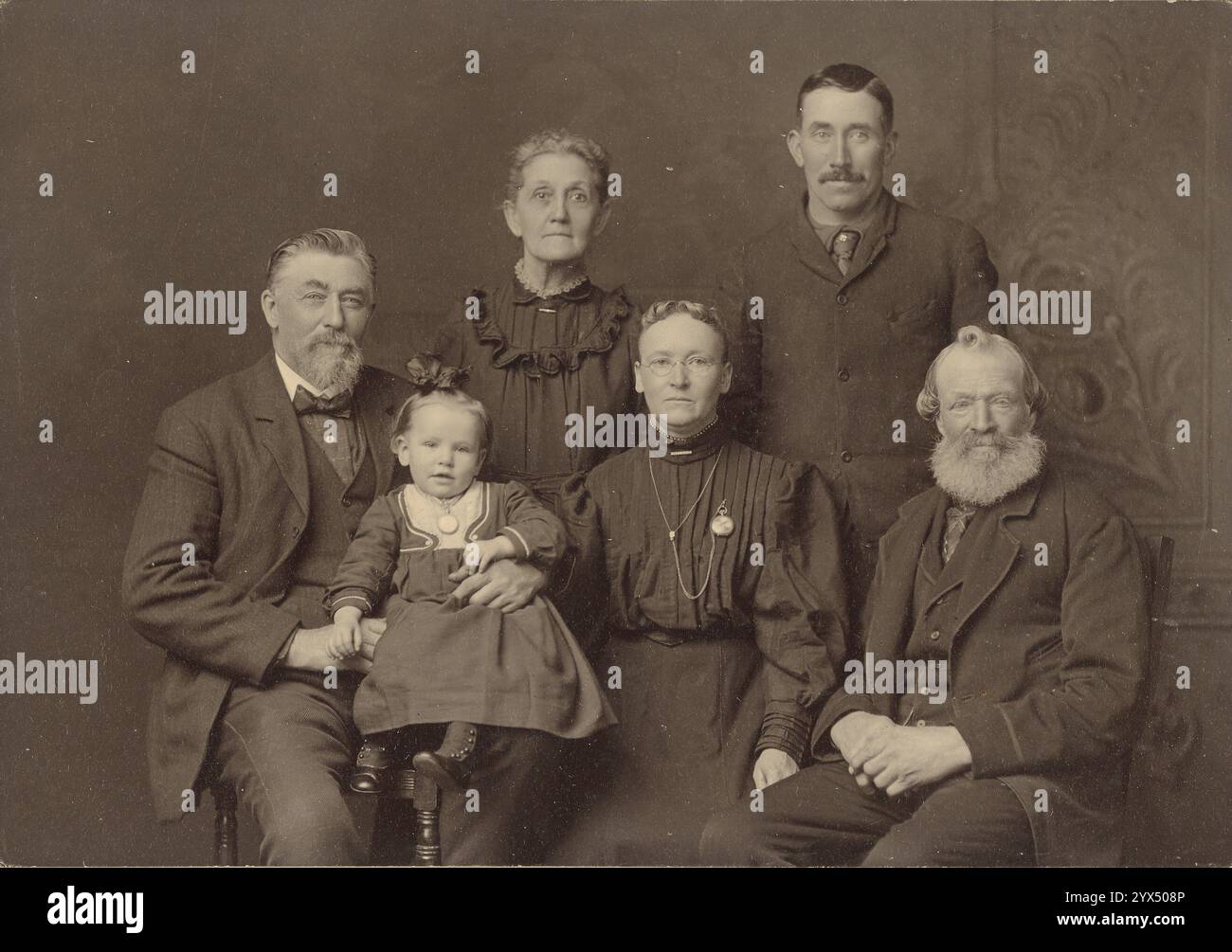 Family portrait of six members, about 1894. Group portrait of two women ...