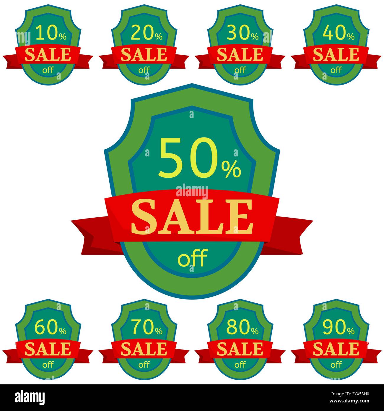 Set of discount stickers. Green badges with red ribbon for sale 10 - 90 ...