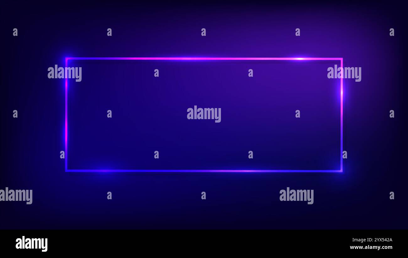 Neon rectangular frame with shining effects on dark background. Empty ...