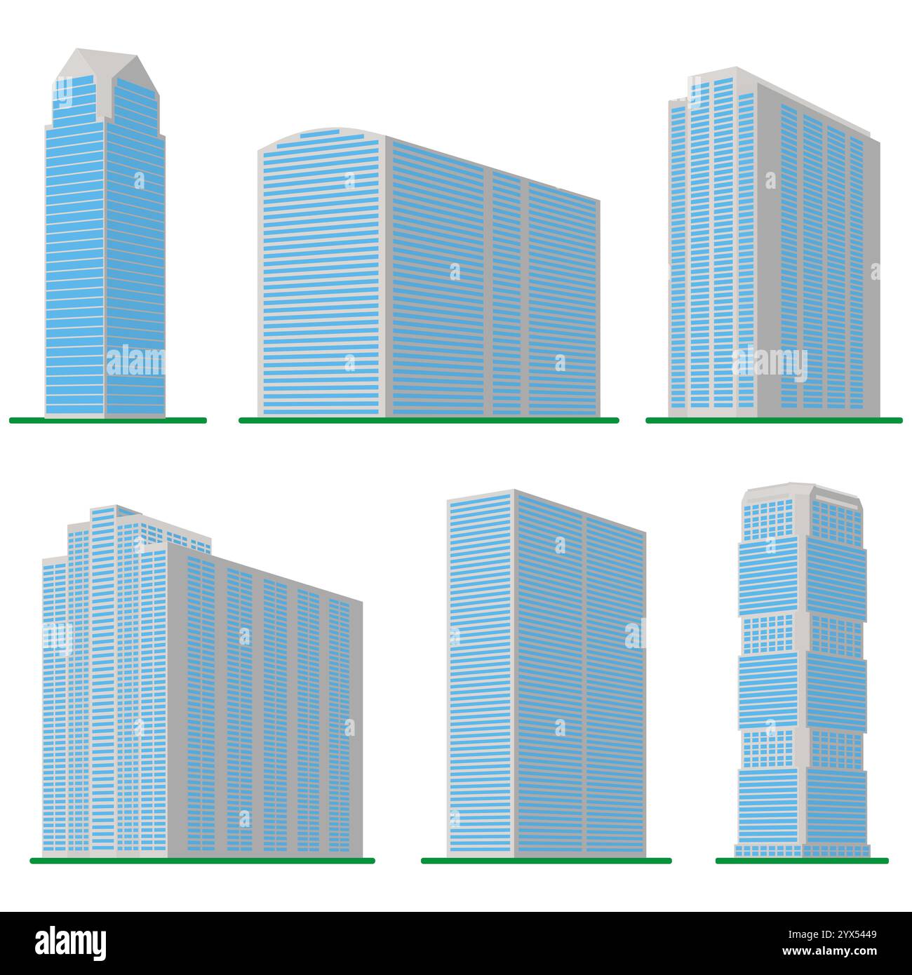 Set of six modern high-rise building on a white background. View of the ...