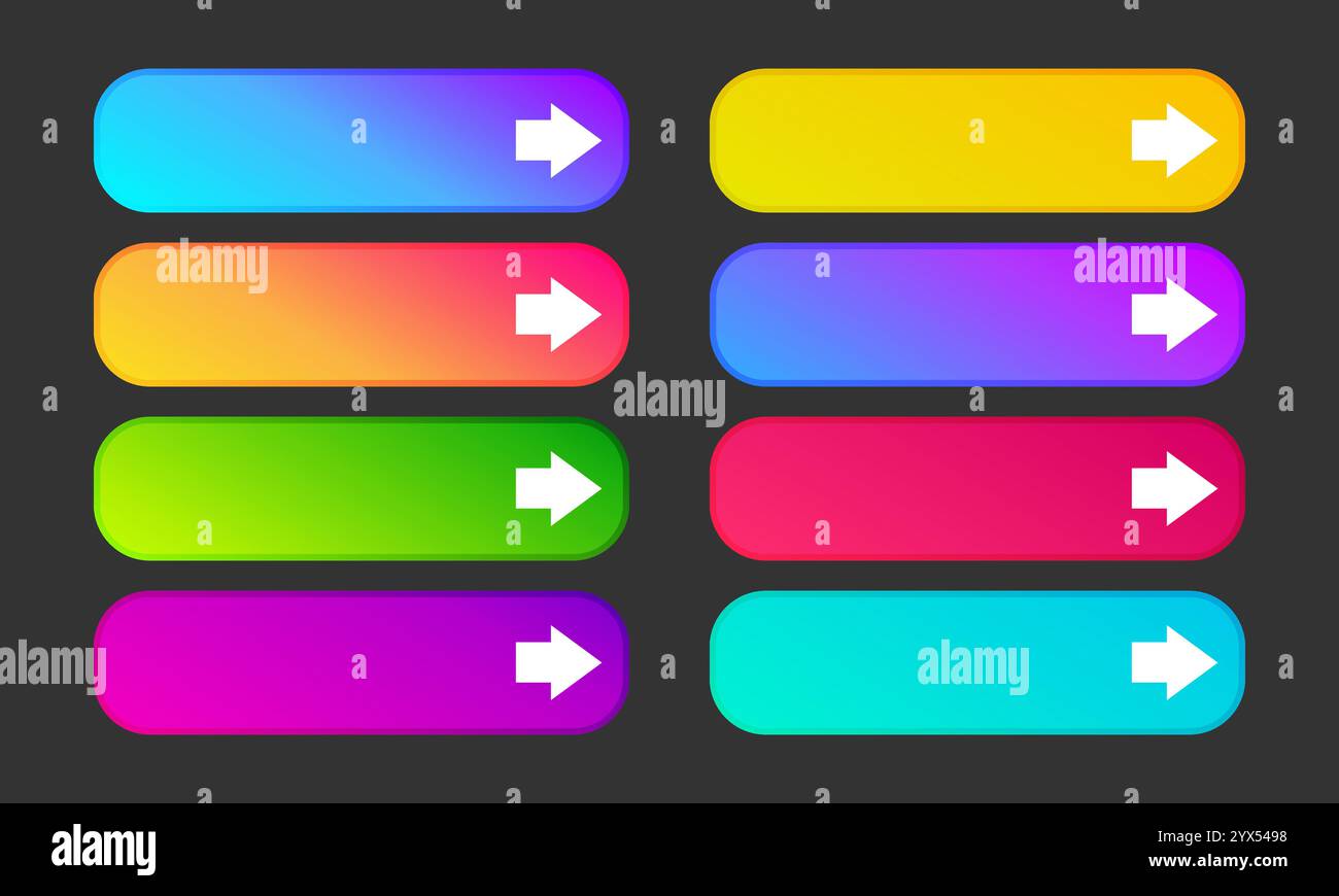 Colorful gradient buttons with arrows. Set of eight modern abstract web buttons. Vector ...