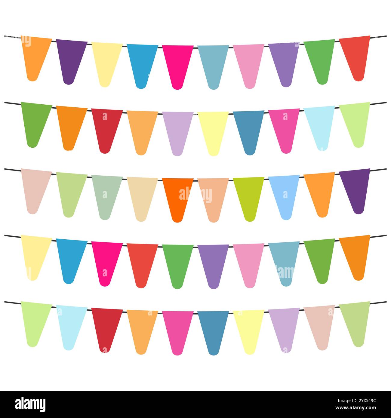 Colorful flags and bunting garlands for decoration. Decor elements with various patterns. Vector ...