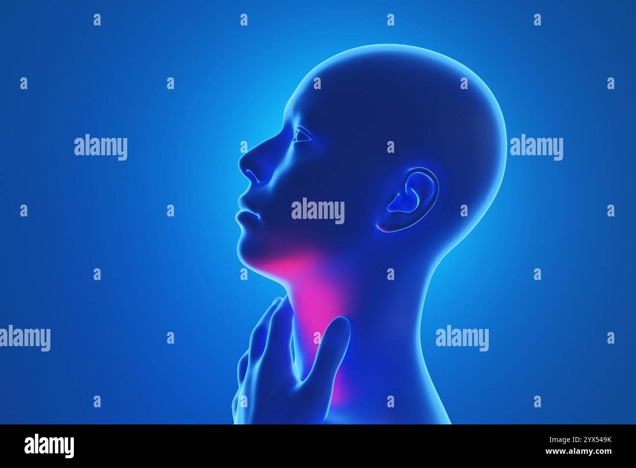 Backlit human putting his hand on the red glowing throat in blue ...