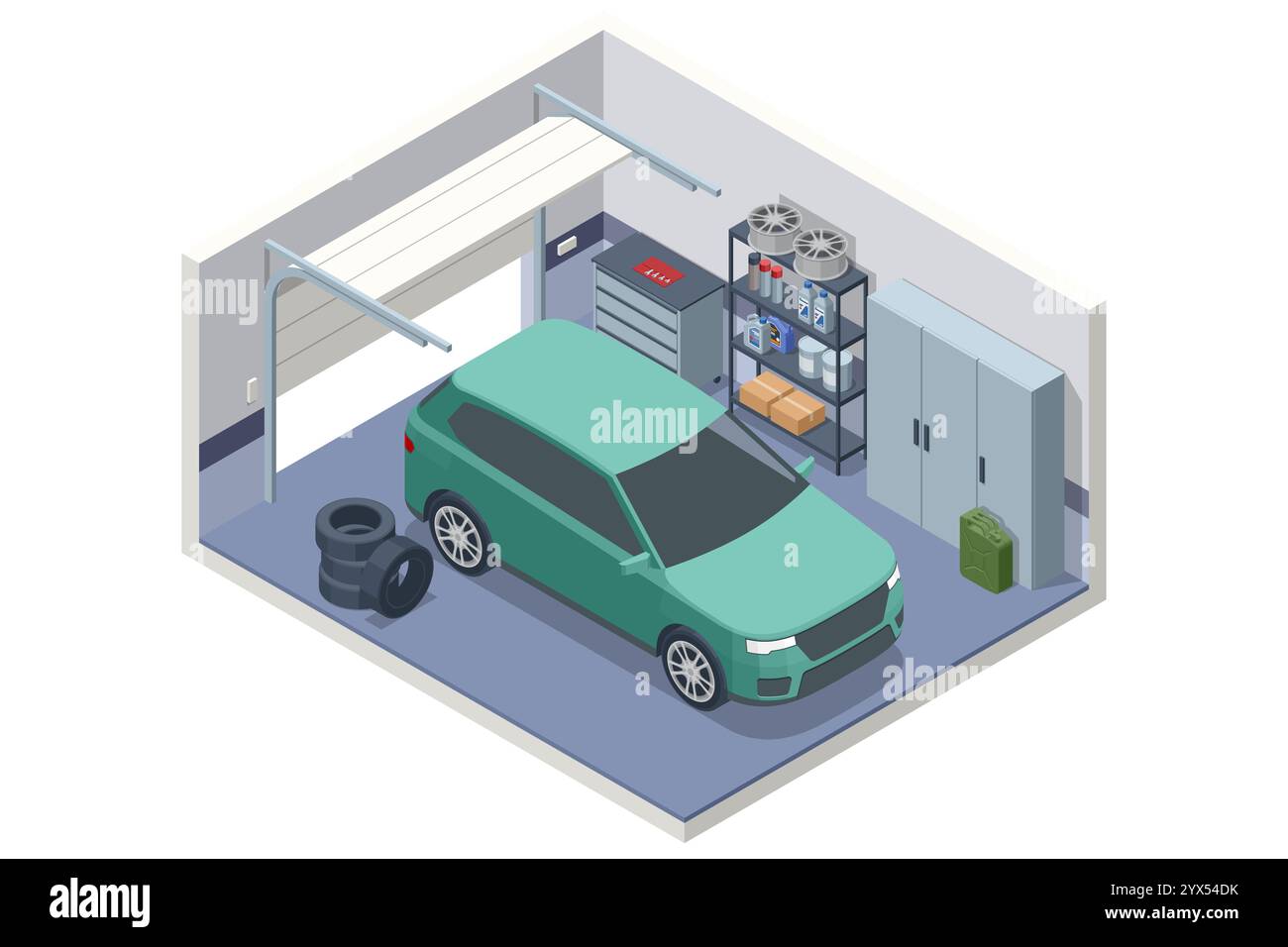 Isometric green car parked in a tidy garage with spare tires, tools ...