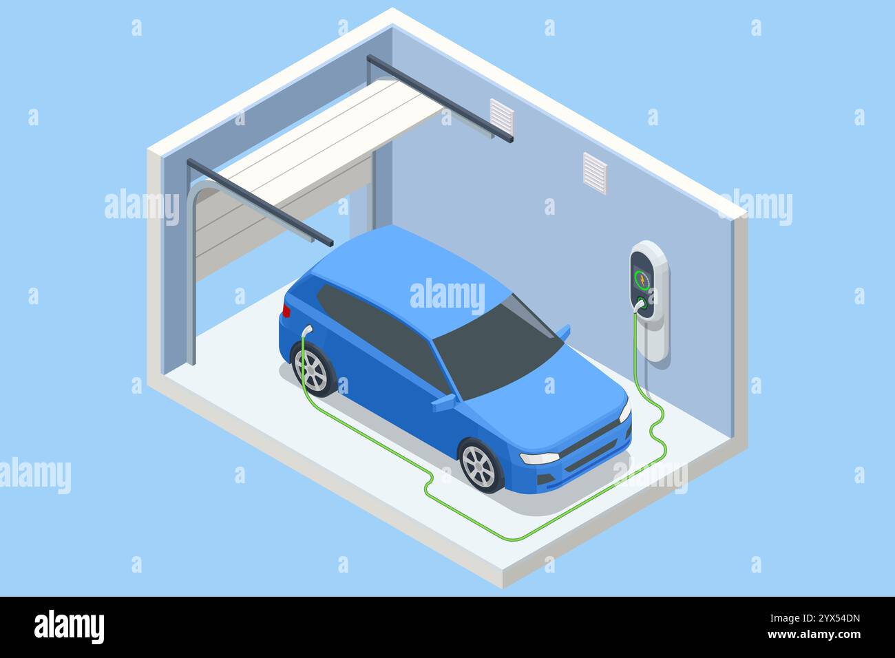 Isometric blue car charging inside a garage equipped with an electric ...