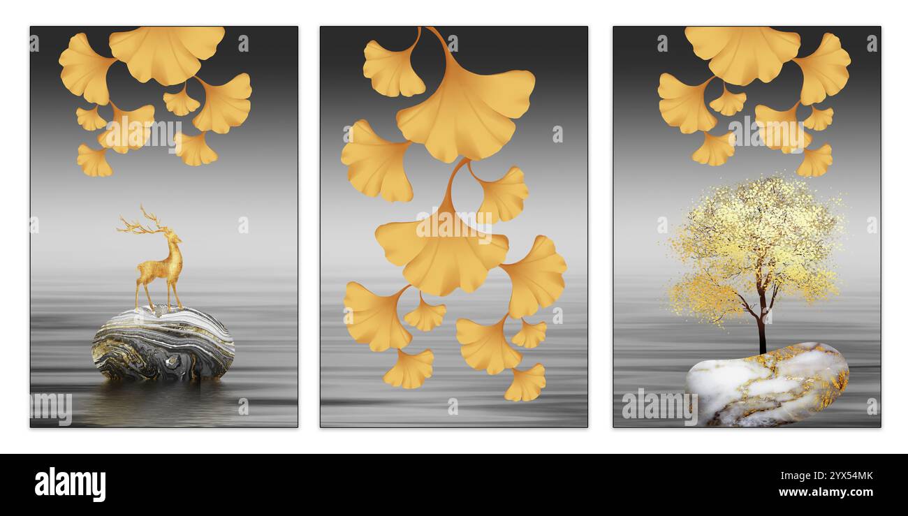 3d Chinese landscape wallpaper. gray background with the golden trees ...