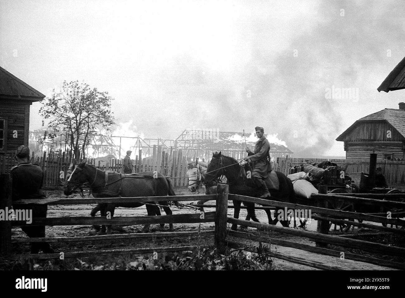 Russia 1943 Retreating German soldiers on horse-drawn vehicles in front ...