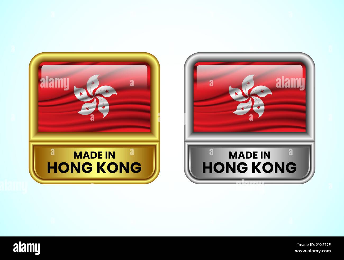 Made in Hong Kong label icon in gold and silver color. Flag icon set ...