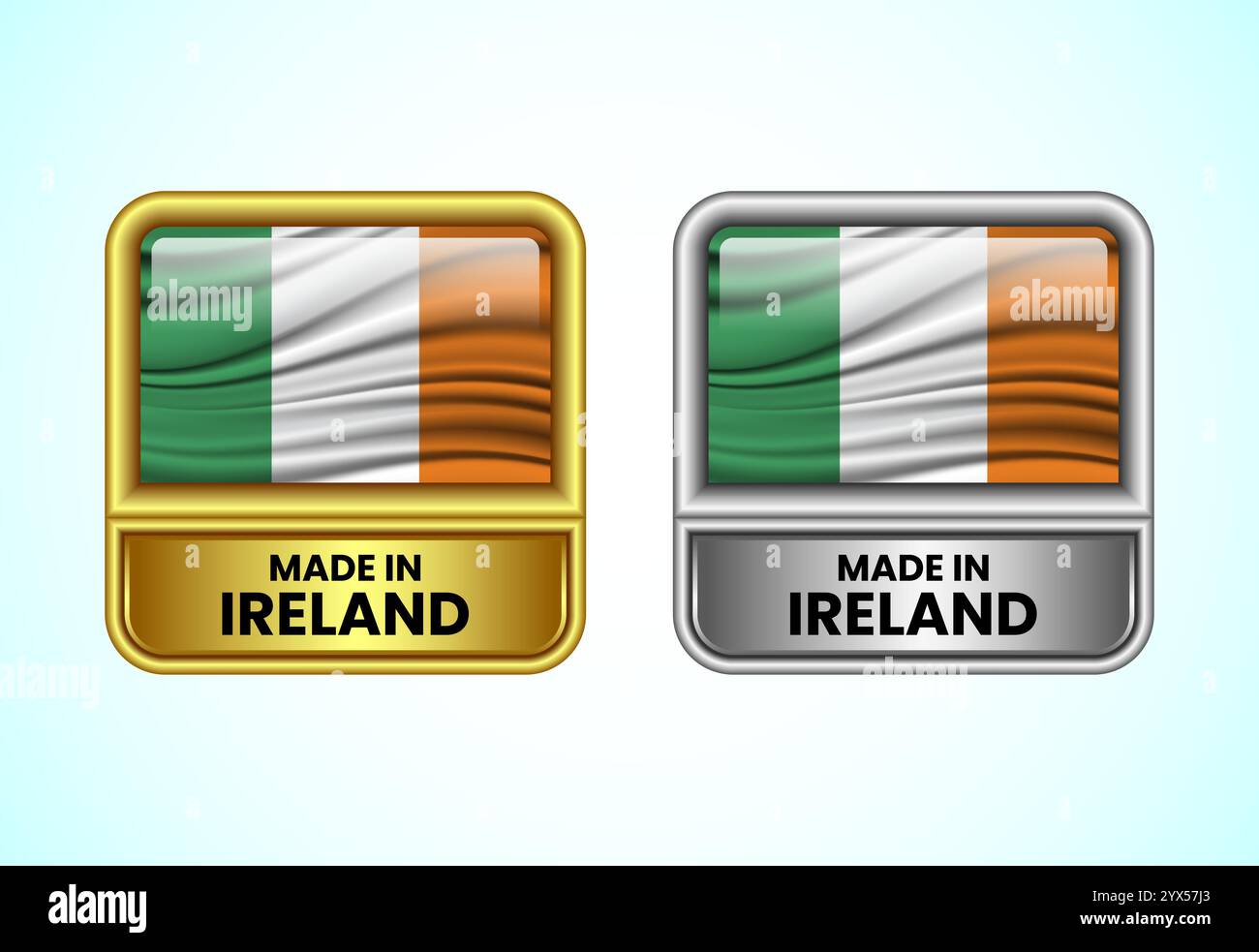 Made in Ireland label icon in gold and silver color. Flag icon set for ...