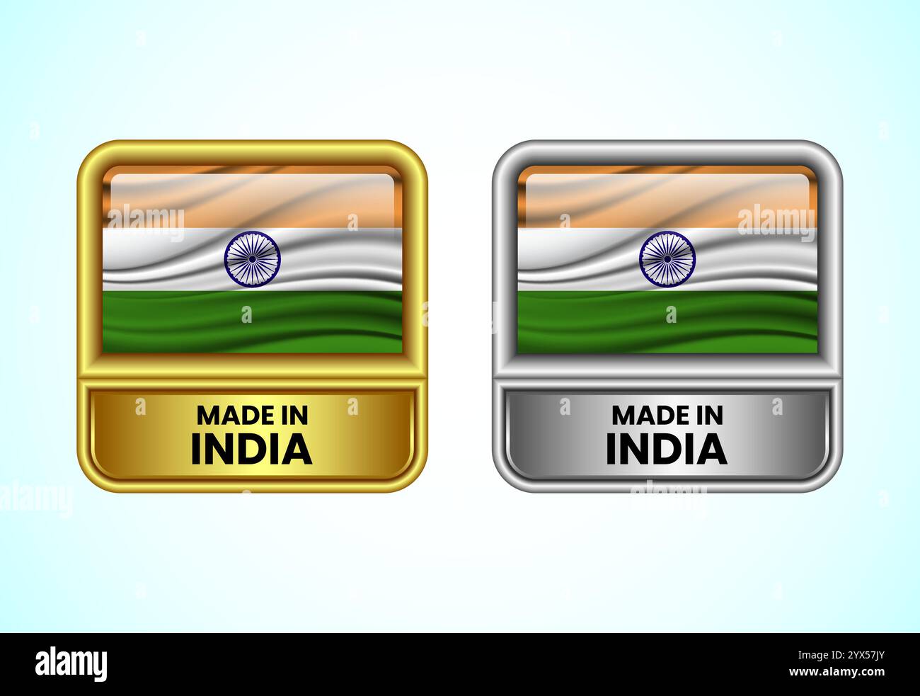 Made in India label icon in gold and silver color. Flag icon set for ...