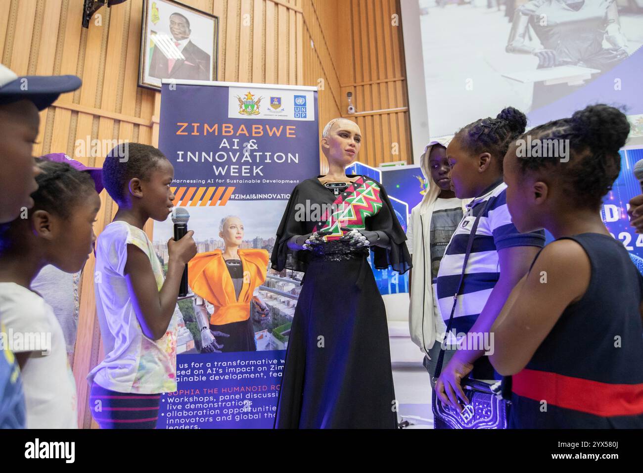 Sophia, the humanoid robot, responds to questions from children at the ...