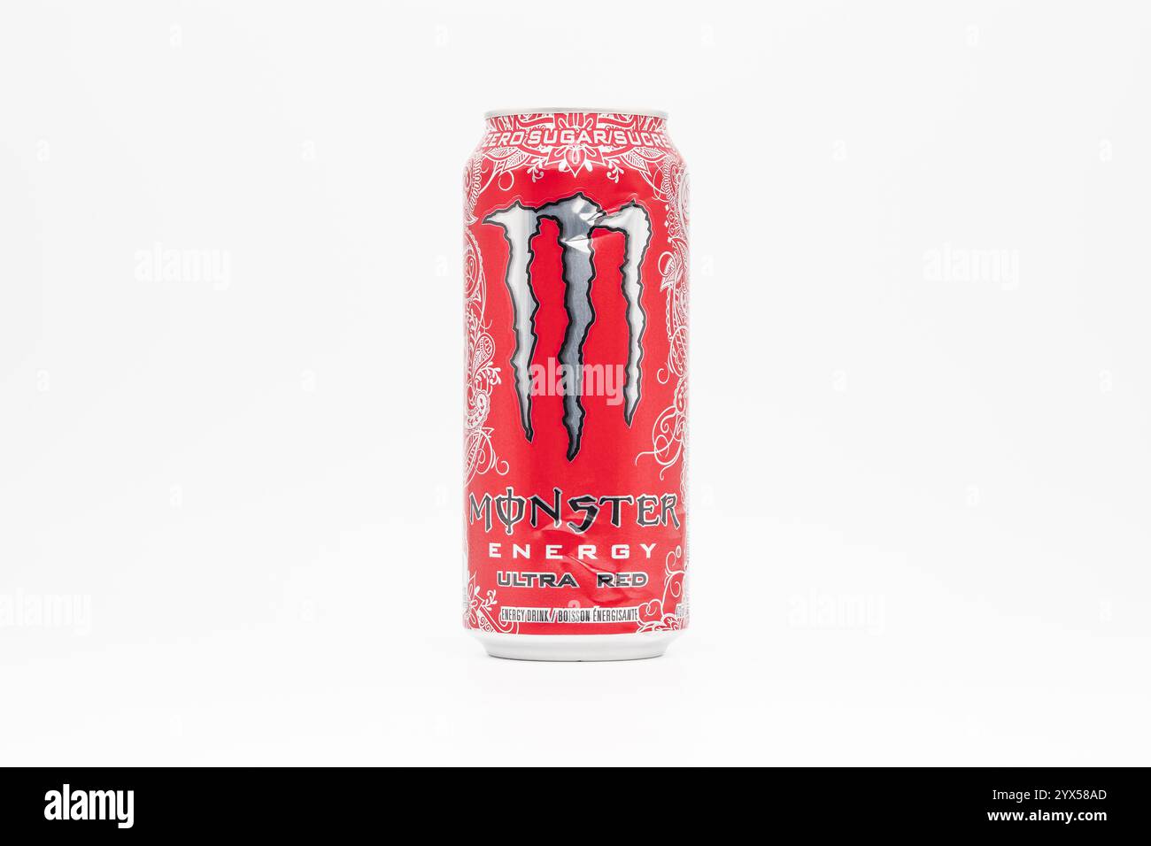 Monster Energy Ultra Red beverage. The zero sugar energy drink is in a ...