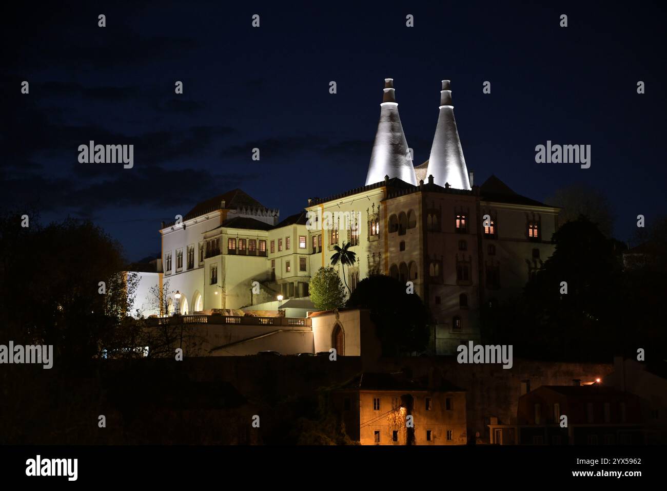 Sintra. Portugal. Streets at night. National Palace Stock Photo - Alamy