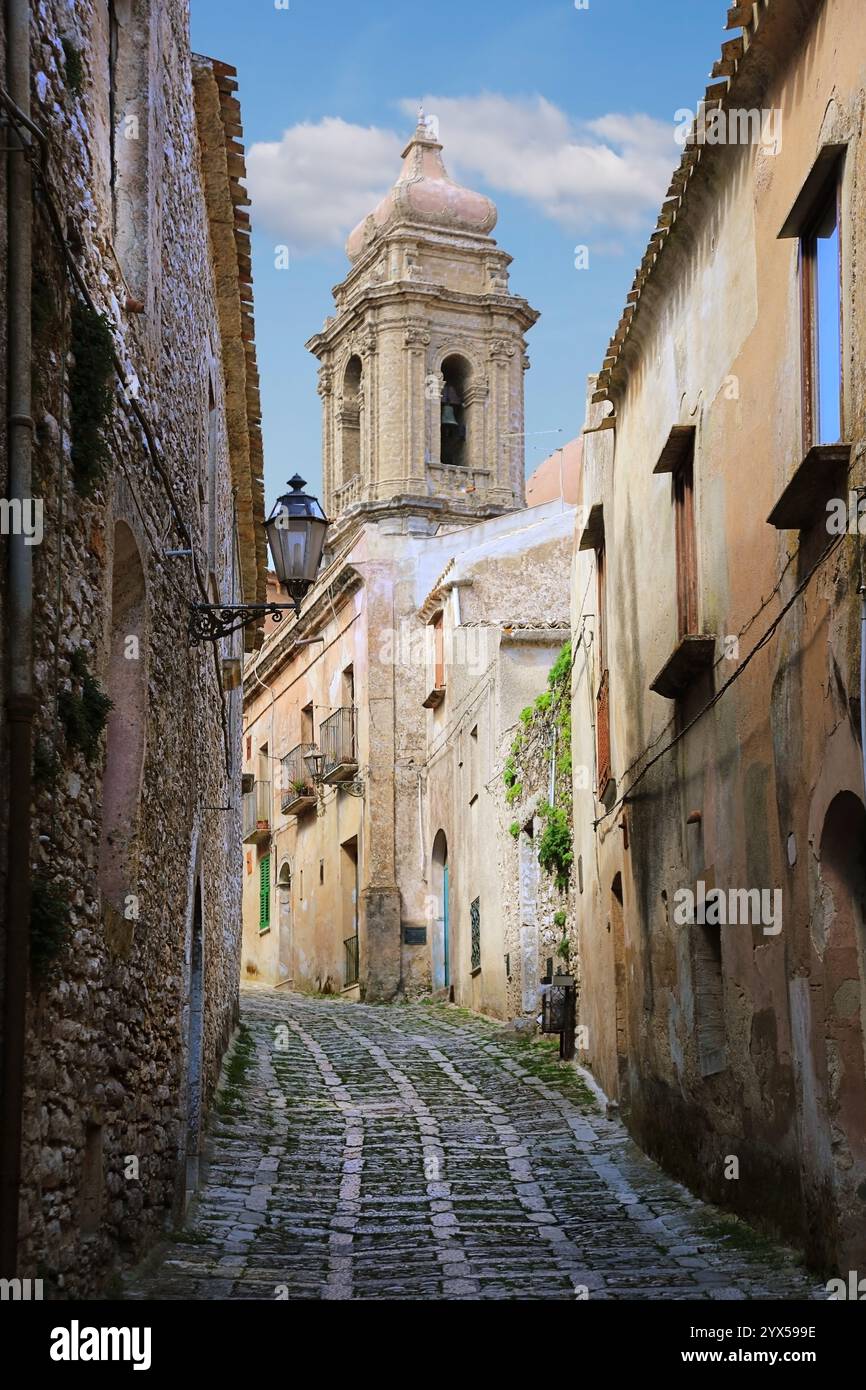 The narrow streets of the city of Erice, which is located on top of ...
