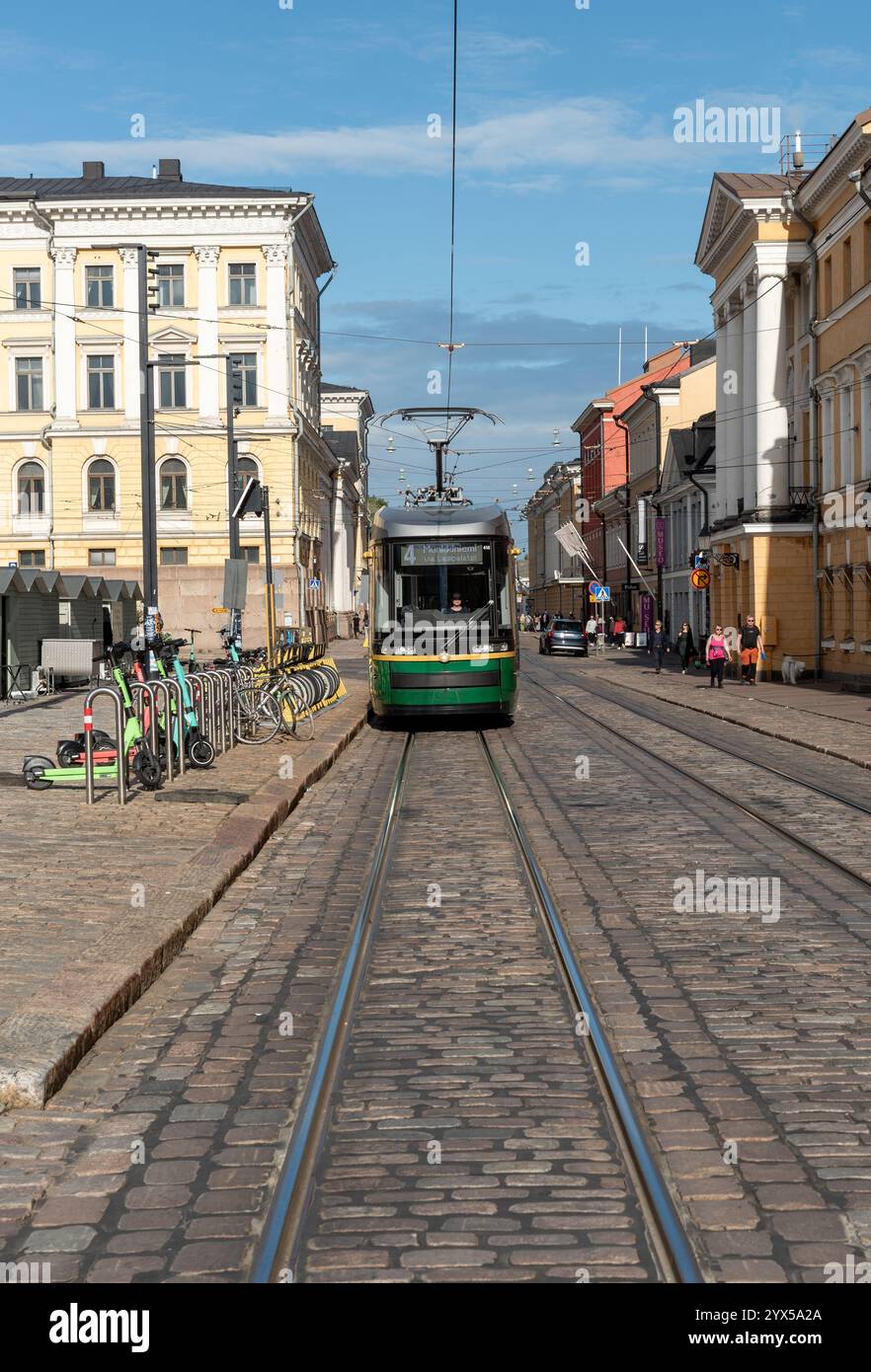 Helsinki Finland, July 18 2024: Public transport tram passing near ...