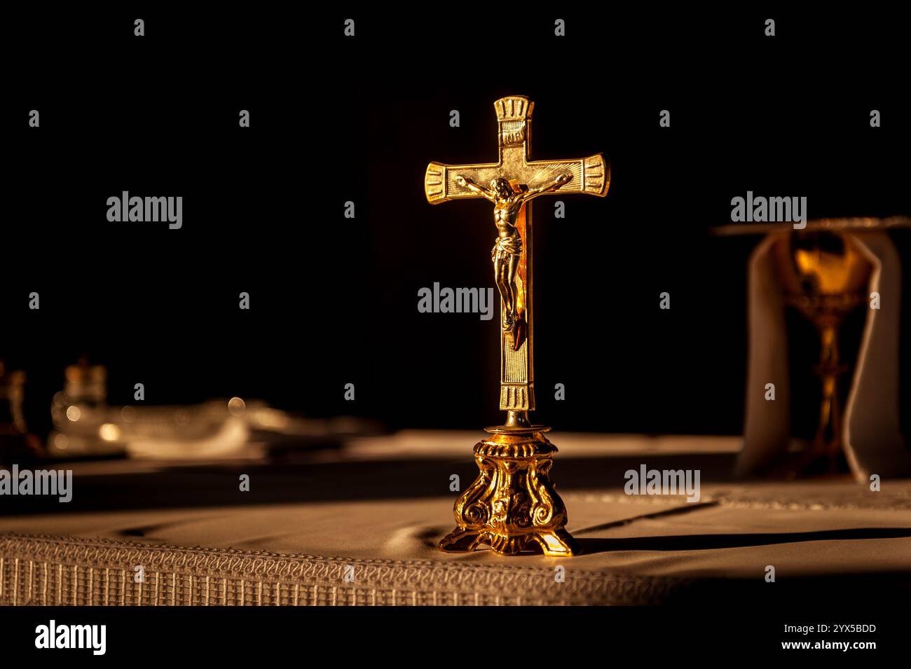 Catholic Cross on Church Altar Illuminated by Sunlight, Symbolizing ...