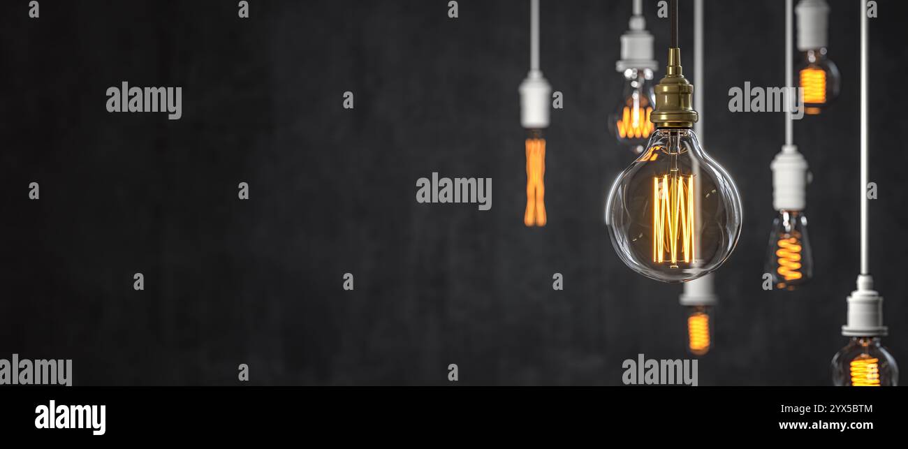Retro edison style lightbulbs with visible filaments dark background 3d ...