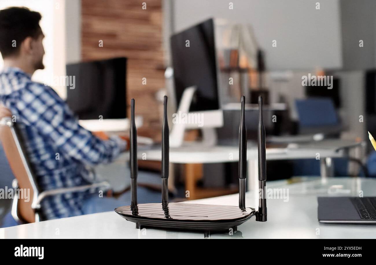 One router for distributing Wi-Fi in the office, close-up, isolated on ...