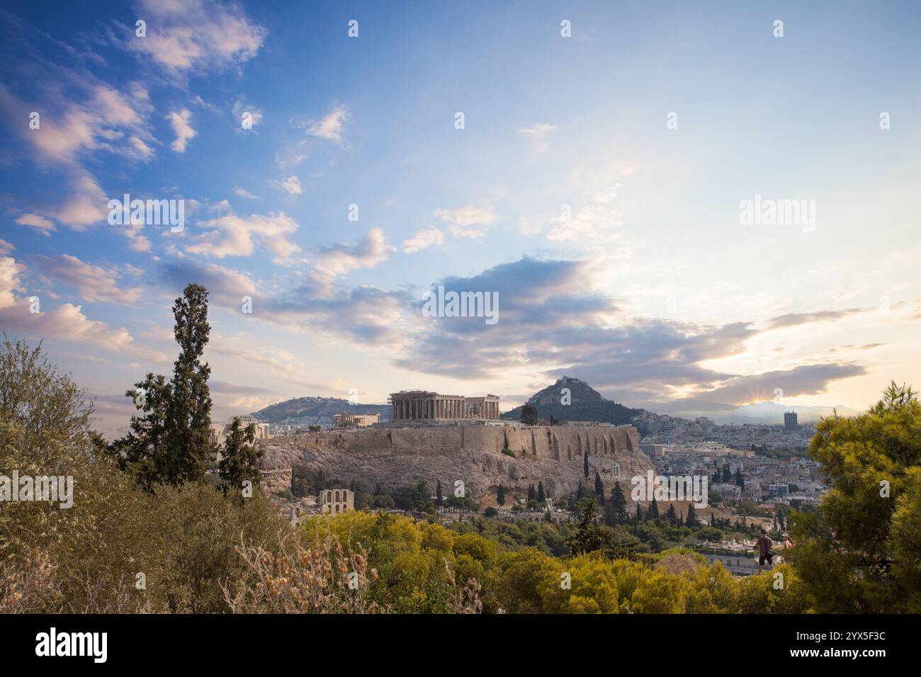 Blue sunset sky with clouds and Acropolis hill. Athens, Greece Stock ...