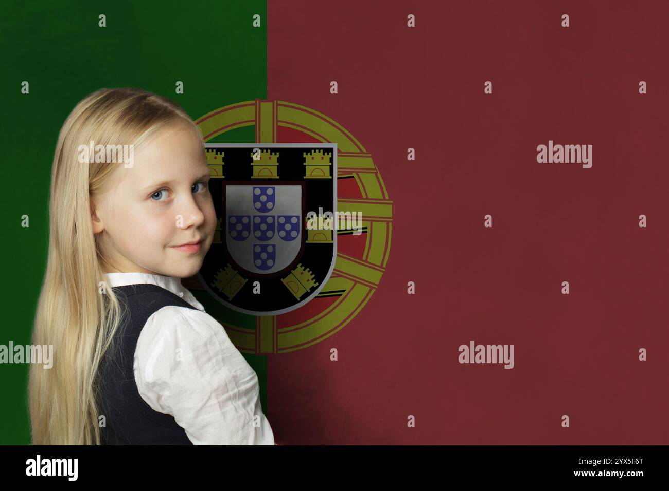 Cute young child girl on Portuguese flag background. Education and ...