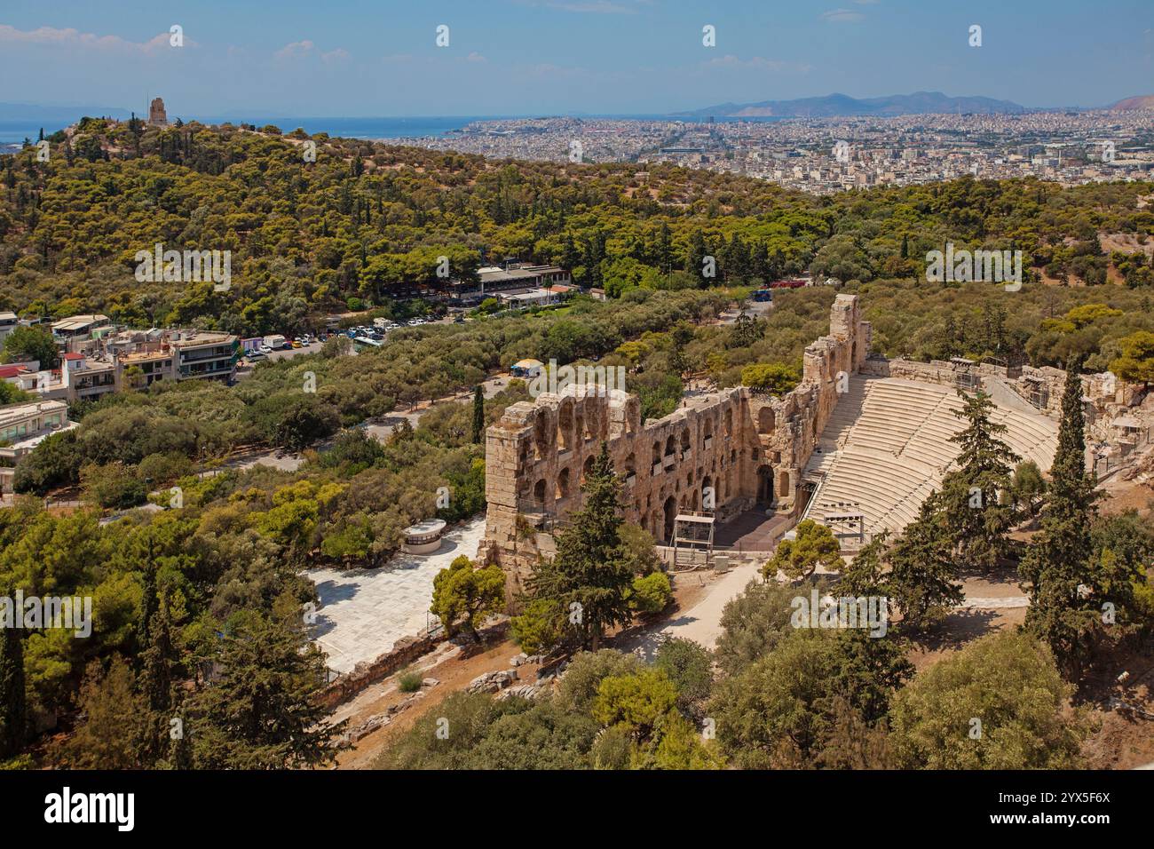The ancient theatre of Dionysus on the slope of the Acropolis hill in Athens, Greece. View of ...