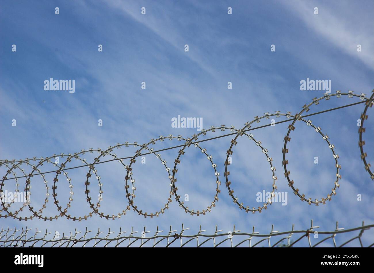 Razor wire coiled along the top of a fence around a secure restricted ...