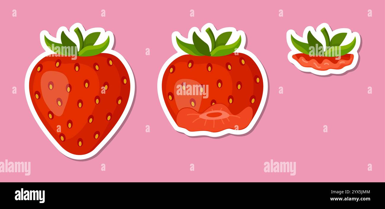 Strawberry eating steps sticker set. Stages of biting red berry from ...