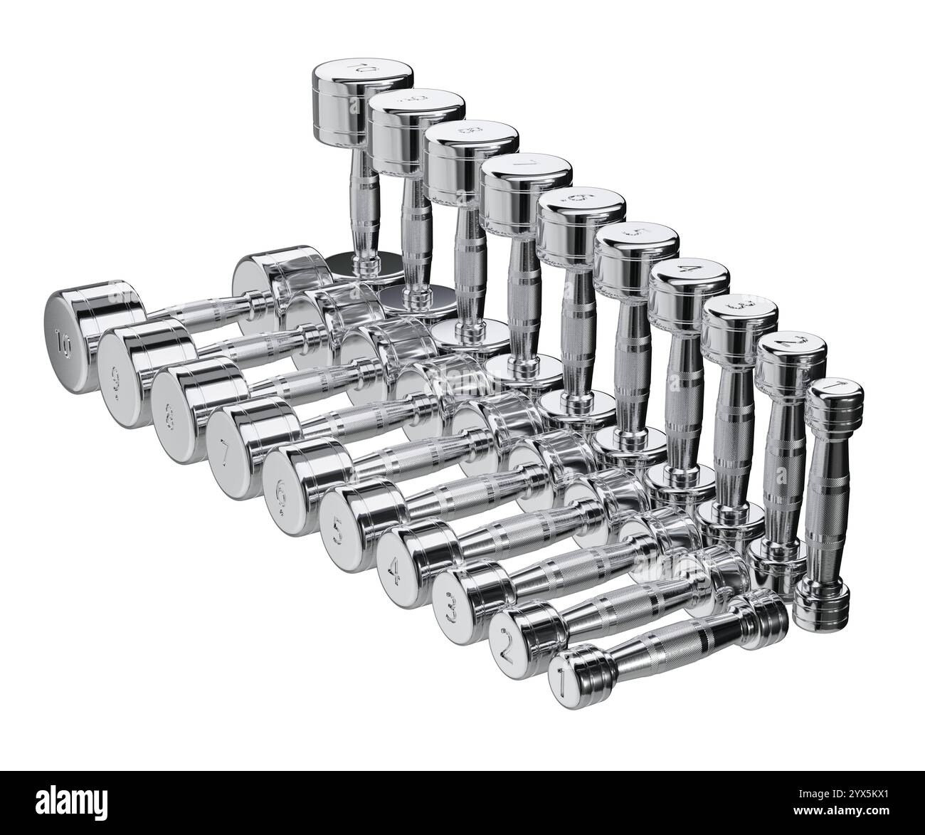 Ten Round Dumbbells set, arranged from 1 to 10. Weightlifting gym ...