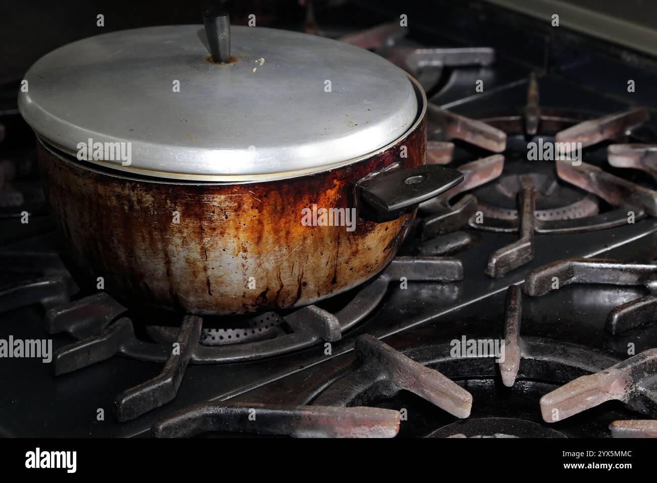 Well-used cooking pot on a gas stove top Stock Photo - Alamy