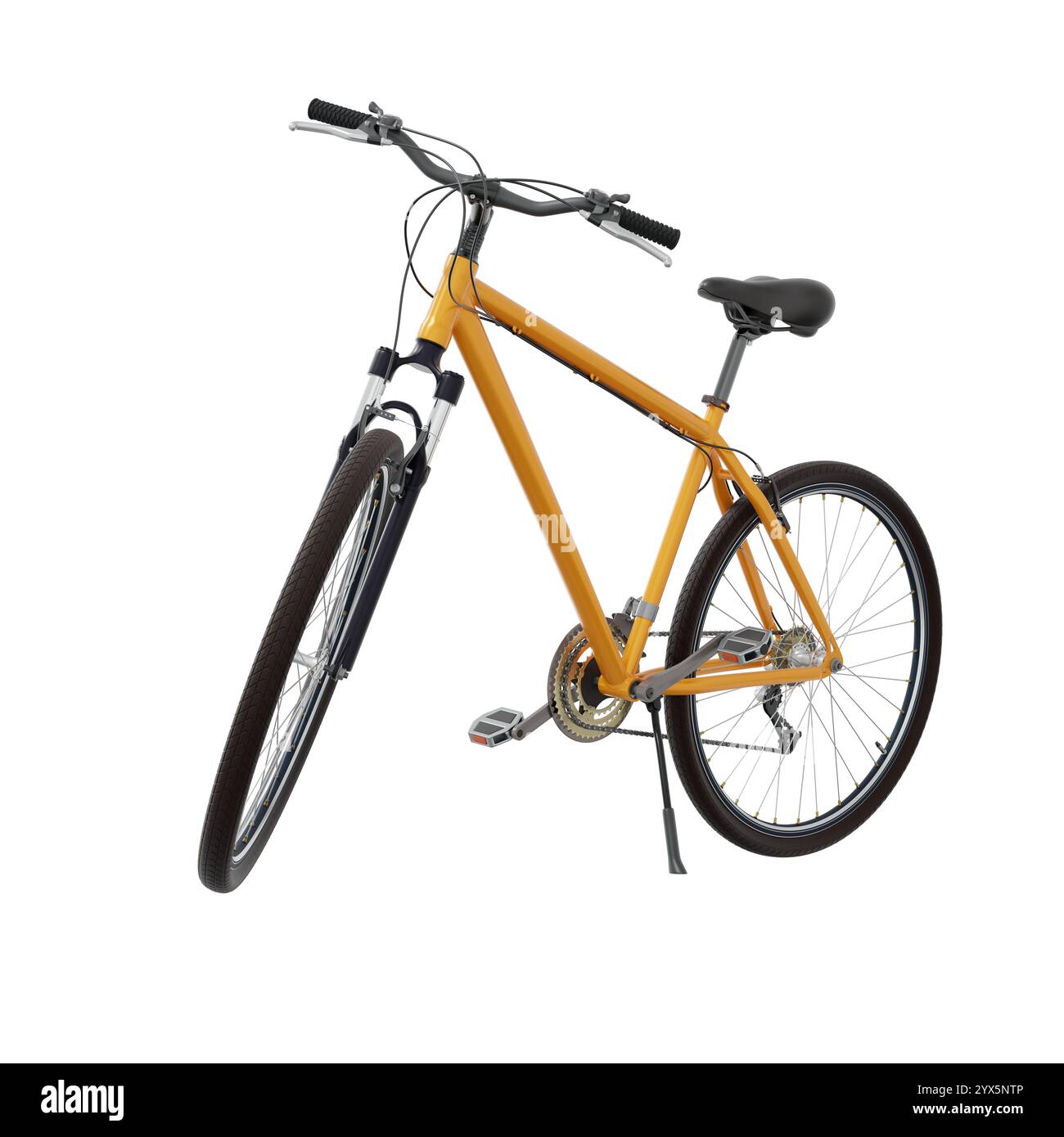 Orange bicycle standing while leaning on kickstand, front side view. Bike resting on kick stand ...