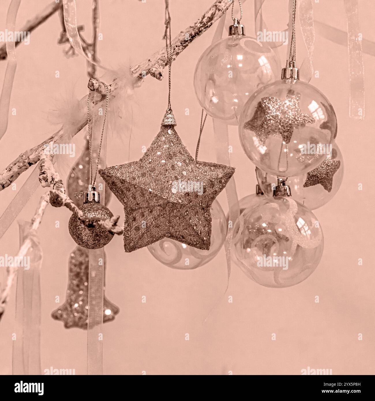Christmas toys hanging on a tree. Demonstration of the color of 2025 ...