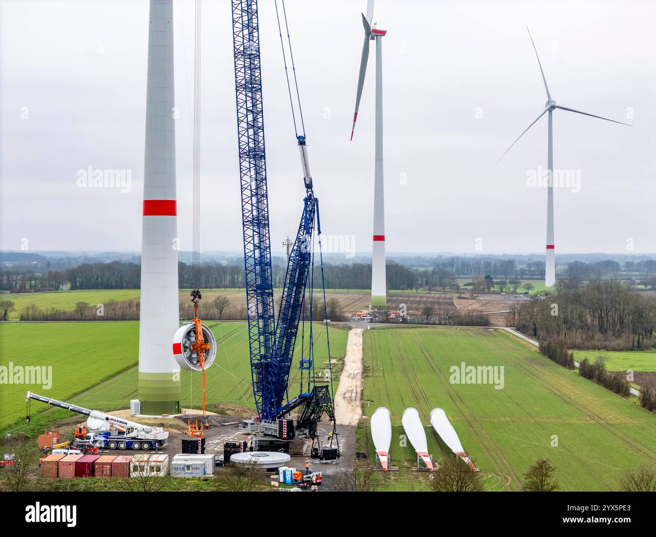 Installation of a wind turbine, type Enercon E-138. The stator, part of ...