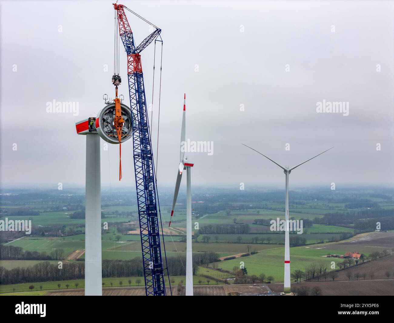 Installation of a wind turbine, type Enercon E-138. The stator, part of ...