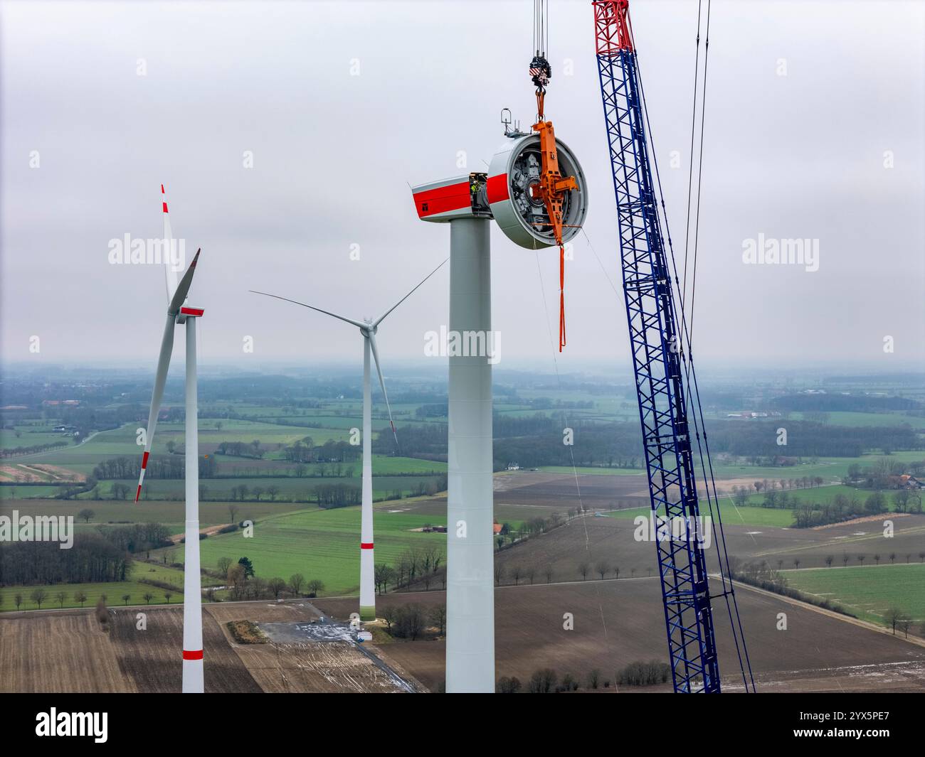 Installation of a wind turbine, type Enercon E-138. The stator, part of ...