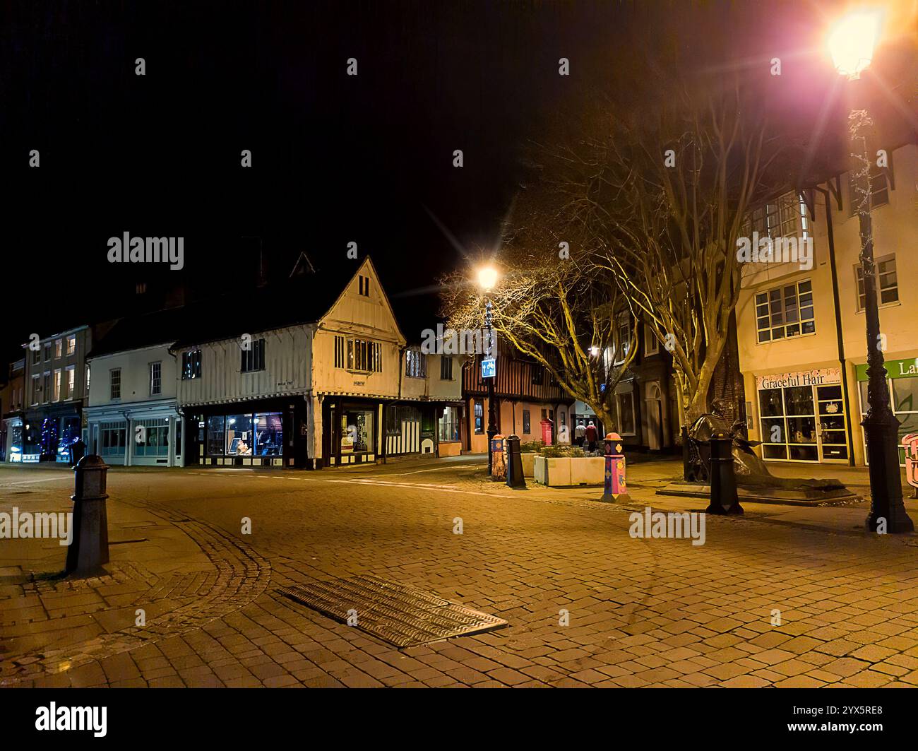 Historic buildings at night on Silent Street in Ipswich, Suffolk, UK ...