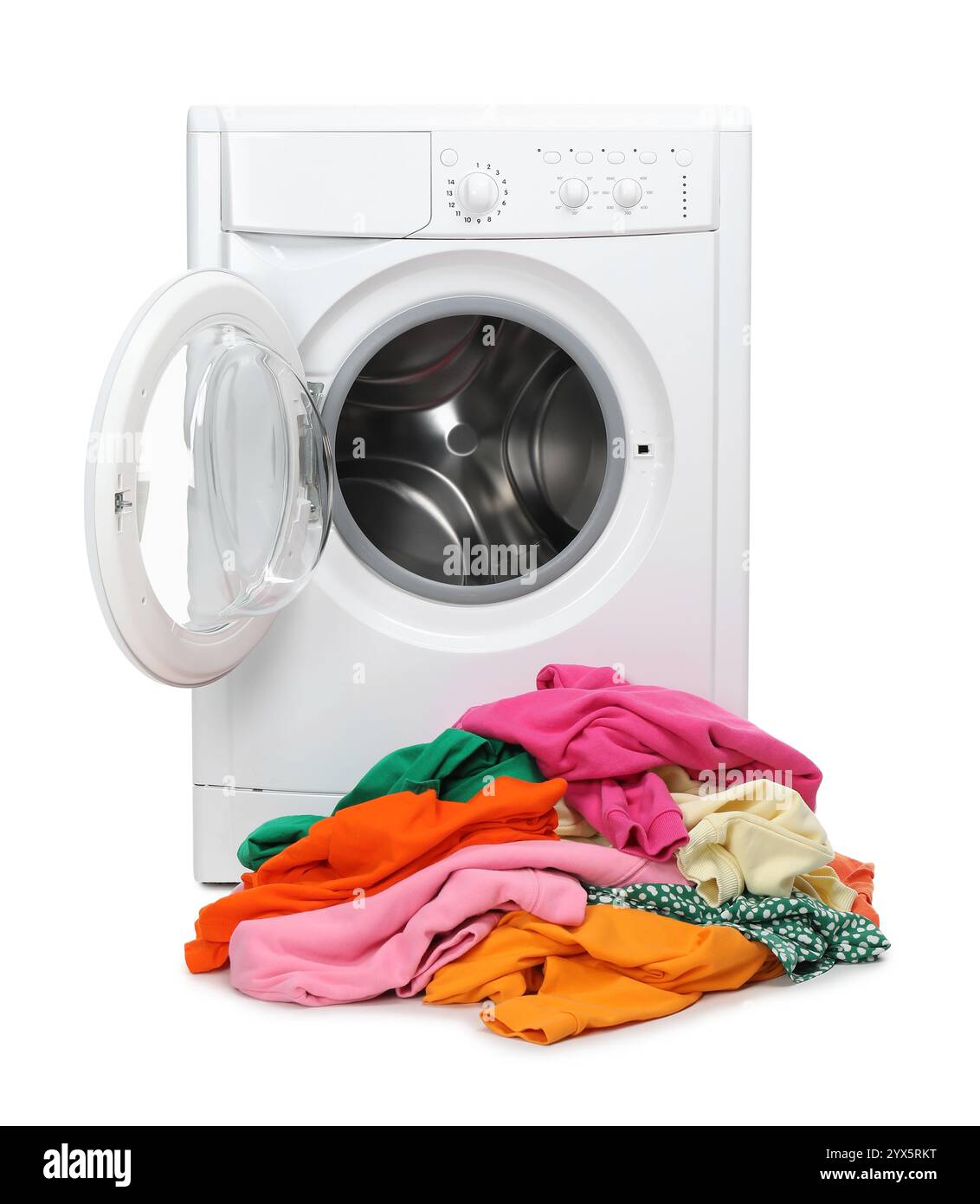 Washing machine and pile of colorful clothes isolated on white Stock ...