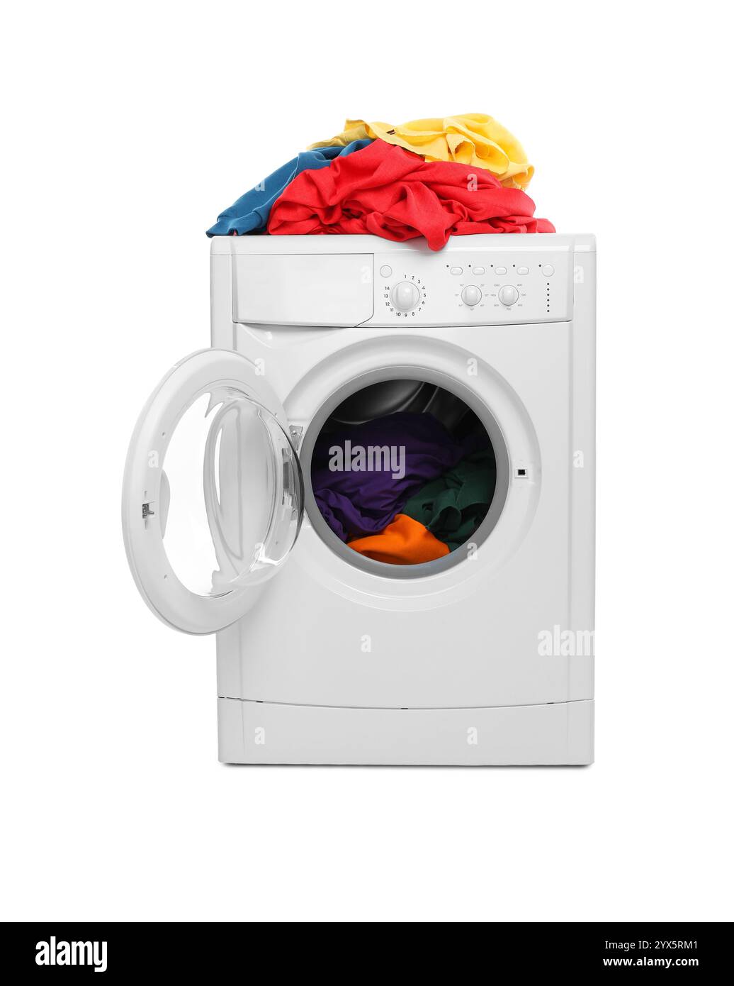 Modern washing machine with laundry isolated on white Stock Photo - Alamy