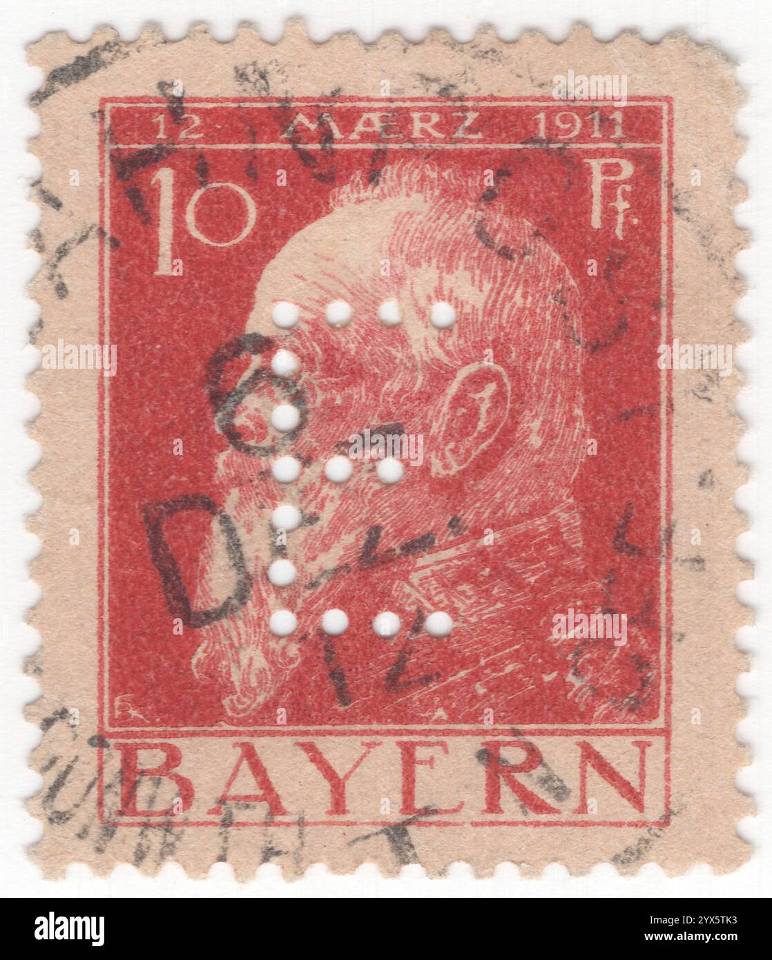 BAVARIA — 1911 March 10: 10 pfennig carmine on buff postage stamp ...